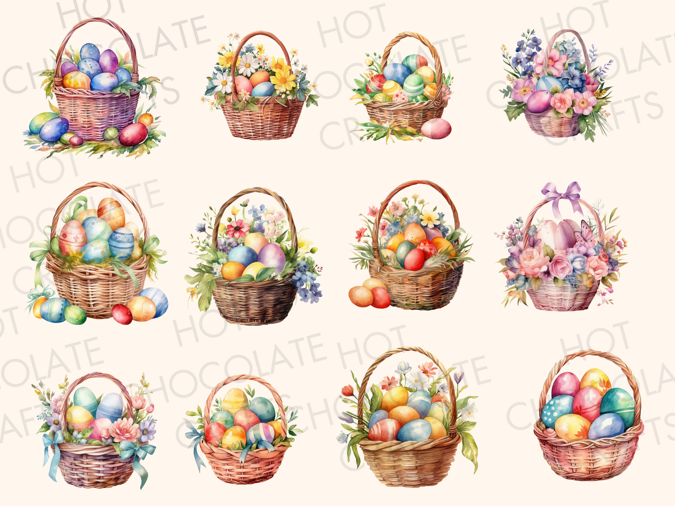 30 Easter Baskets Watercolor Clipart Sublimation Bundle PNG Commercial ...