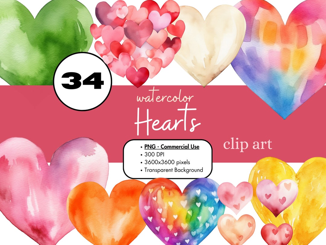 34 Watercolor Hearts Valentine's Day Clipart PNG Sublimation Bundle ...