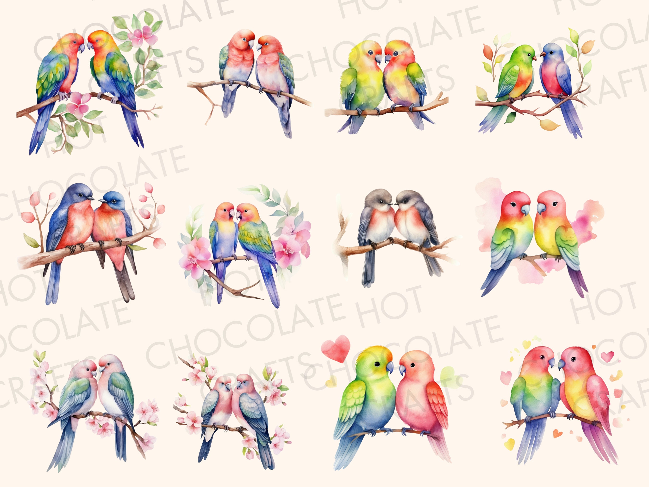 23 Love Birds Watercolor Clipart Sublimation Bundle PNG Commercial Use ...
