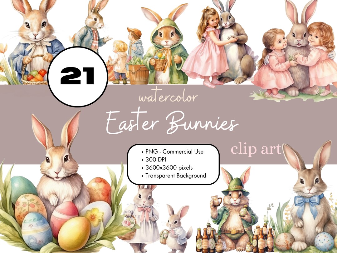 21 Easter Bunny Watercolor Clipart Sublimation Bundle PNG Commercial ...