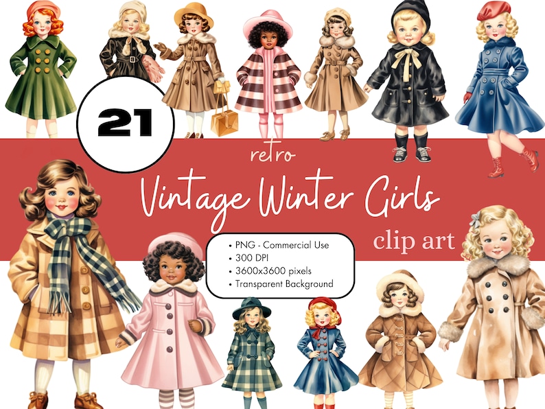 21 Retro Winter Little Girls Clipart PNG Sublimation Bundle Commercial ...