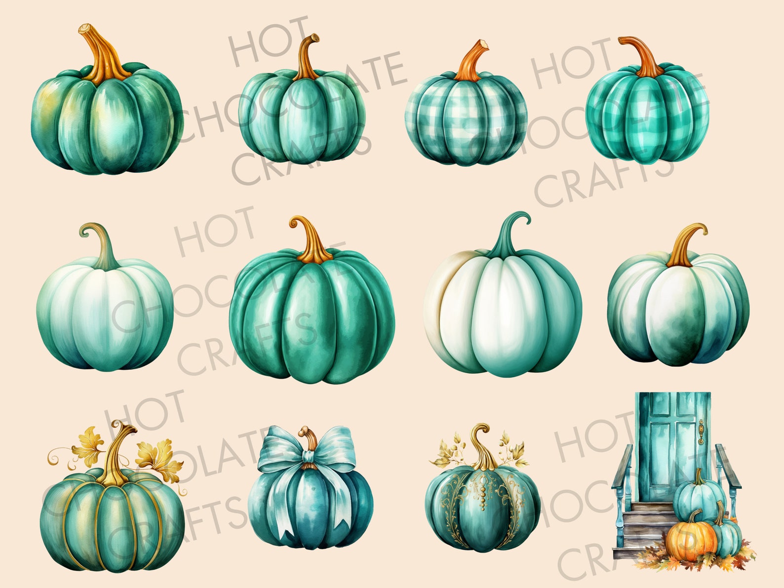23 Teal Pumpkins Halloween Watercolor Clipart PNG Sublimation Bundle ...