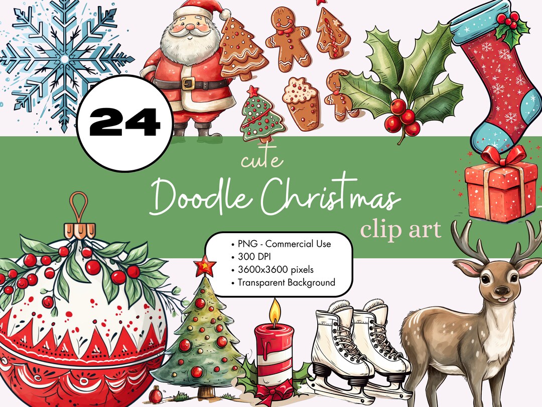 24 Christmas Doodle Clipart Sublimation Bundle PNG Commercial Use ...