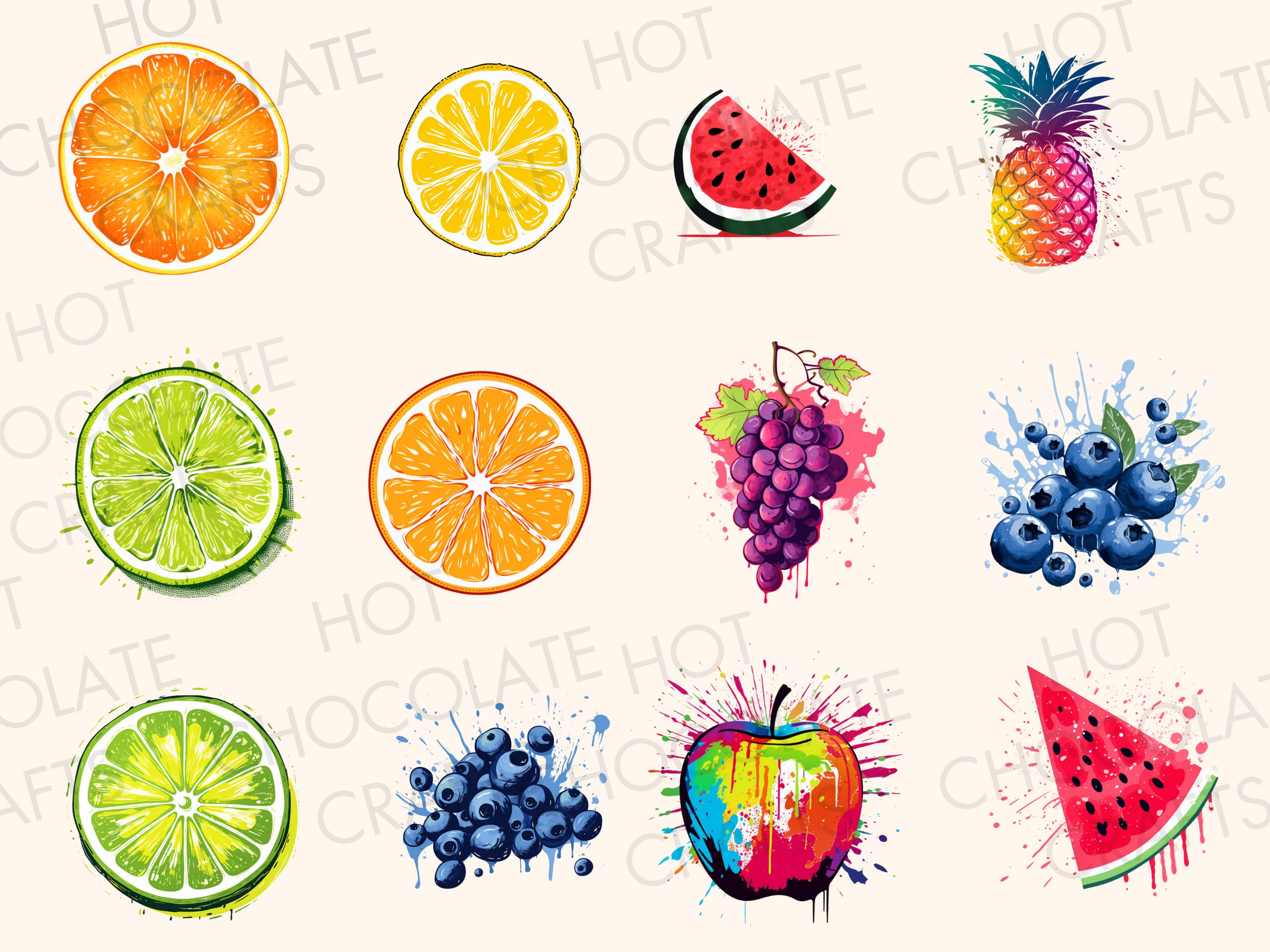 21 Pop Art Fruit Clipart Bundle, PNG Sublimation Bundle Commercial Use ...