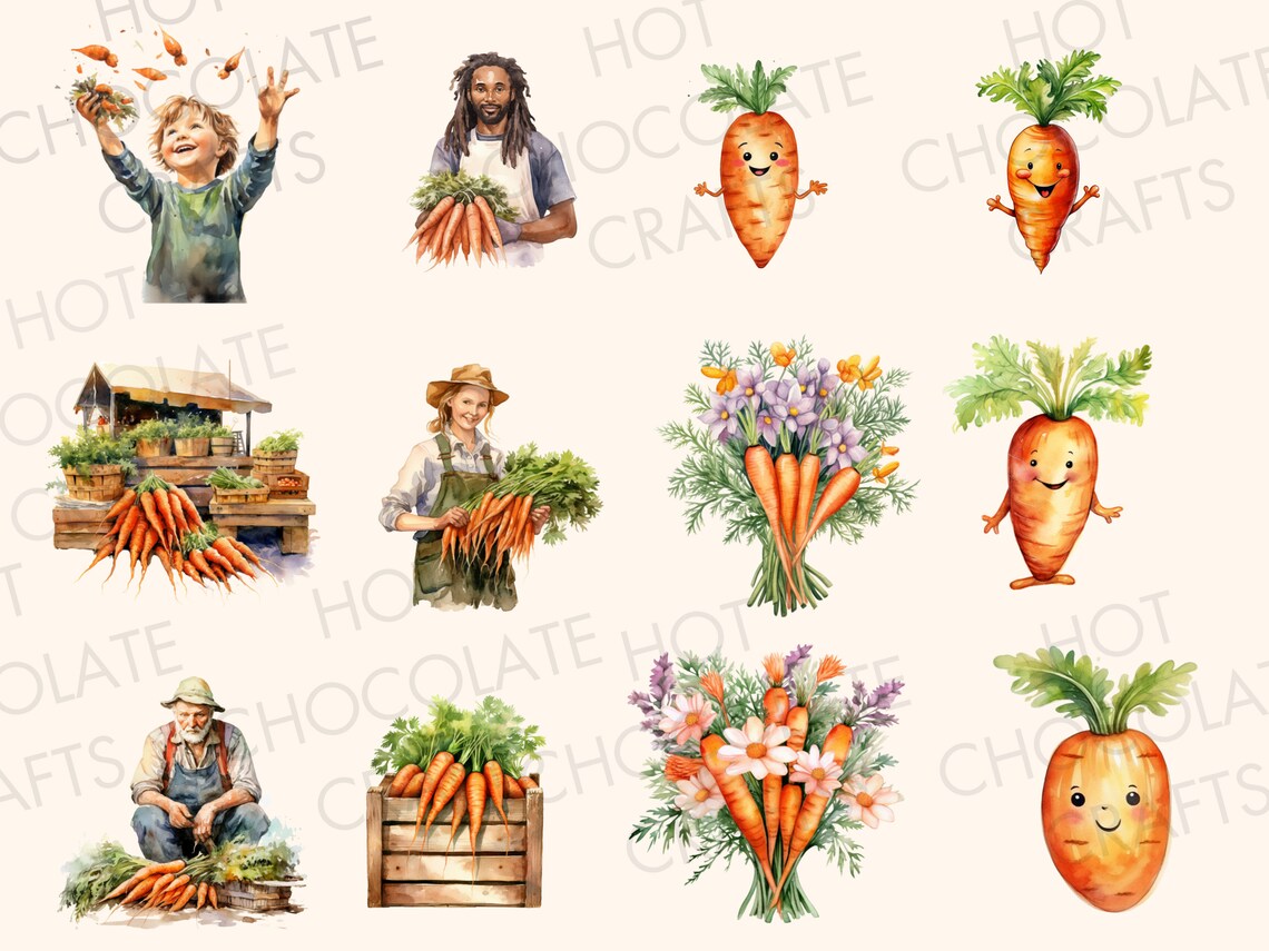 58 Carrots Watercolor Clipart Sublimation Bundle PNG Commercial Use ...