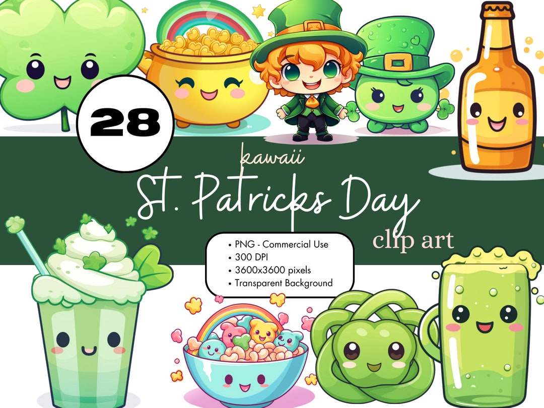 28 Kawaii St. Patrick's Day Watercolor Clipart Sublimation Bundle PNG ...