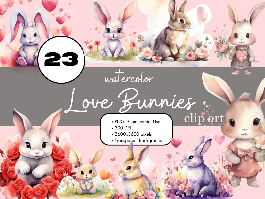 23 Love Bunnies Valentine's Day Rabbit Watercolor Clipart Sublimation ...