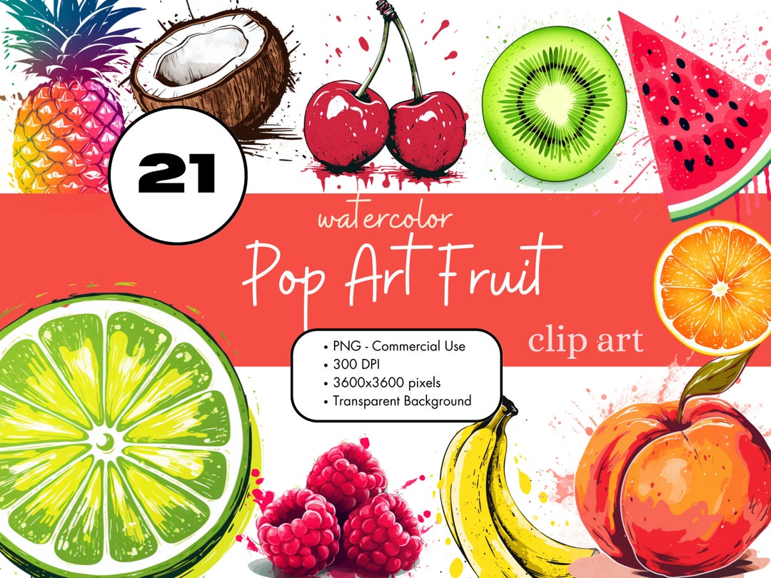21 Pop Art Fruit Clipart Bundle, PNG Sublimation Bundle Commercial Use ...