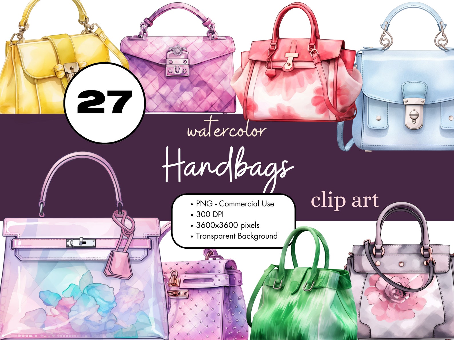 27 Purses Handbags Watercolor Clipart Sublimation Bundle PNG Commercial ...