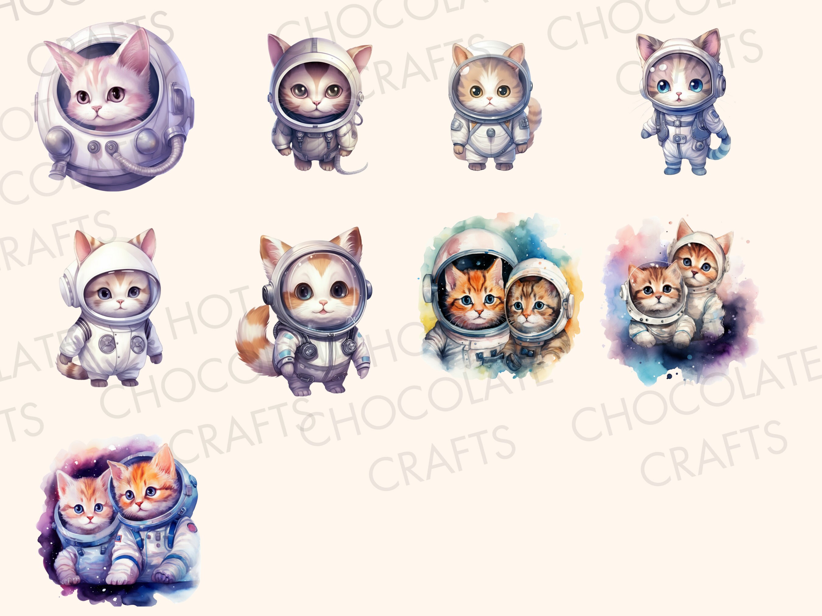 21 Space Cats Watercolor Clipart Sublimation Bundle PNG Commercial Use ...