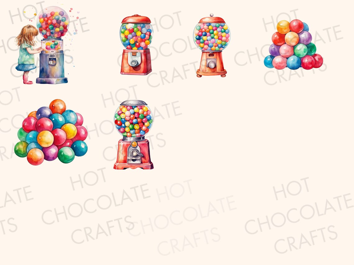 18 Gumball Machine Watercolor Clipart PNG Sublimation Bundle Commercial ...