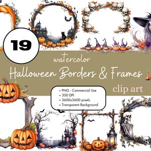 19 Halloween Borders Frames Watercolor Clipart Sublimation Bundle PNG ...
