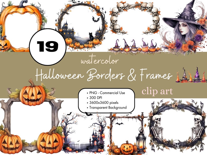 19 Halloween Borders Frames Watercolor Clipart Sublimation Bundle PNG ...