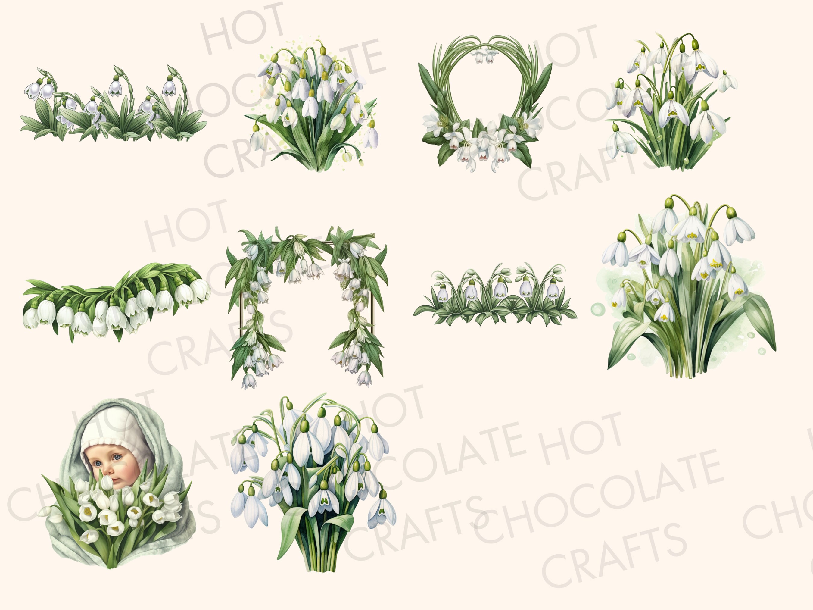 22 Snowdrop Flowers Watercolor Clipart Sublimation Bundle PNG ...