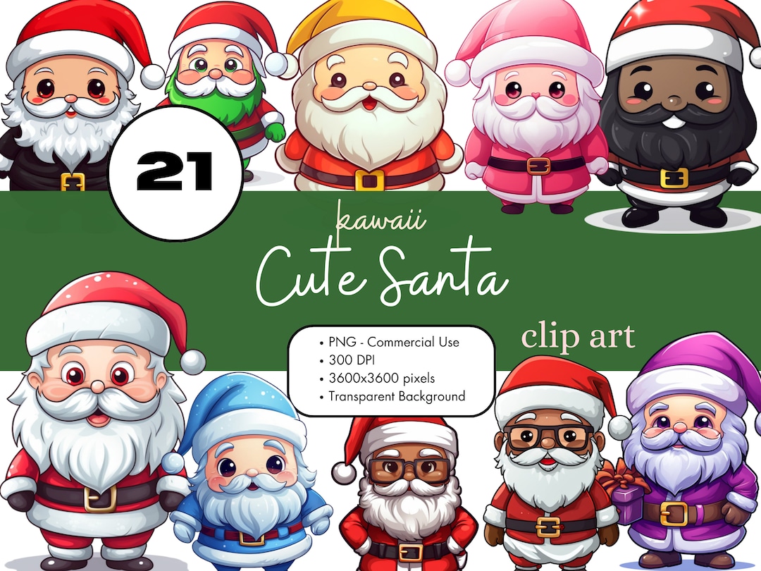21 Kawaii Cute Santa Claus Clipart Sublimation Bundle PNG Commercial ...