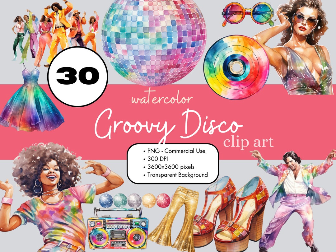 30 Disco Groovy Watercolor Clipart Sublimation Bundle PNG Commercial Use Graphics Clip Art Dance ...