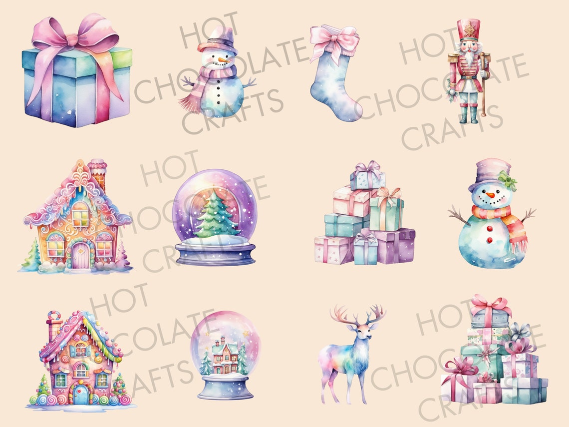 49 Pastel Christmas Watercolor Clipart Sublimation Bundle PNG ...