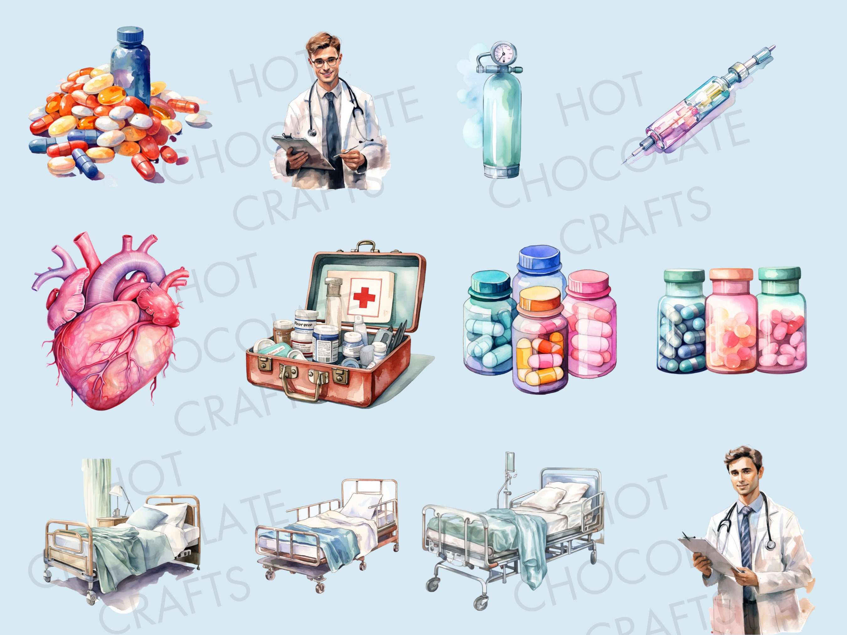 44 Medical Watercolor Clipart PNG Sublimation Bundle Commercial Use ...