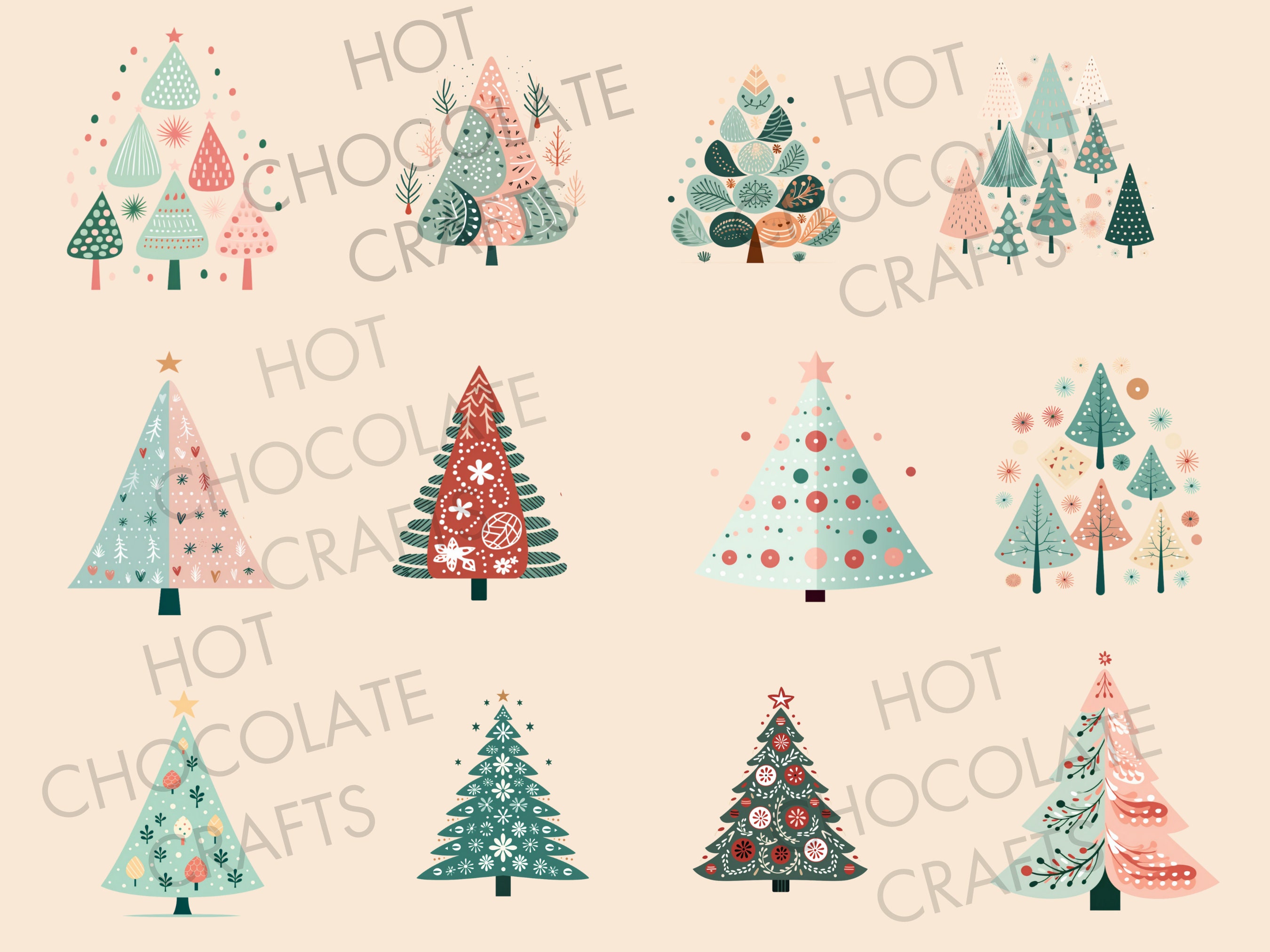 24 Folk Art Christmas Trees Clipart Sublimation Bundle PNG Commercial ...