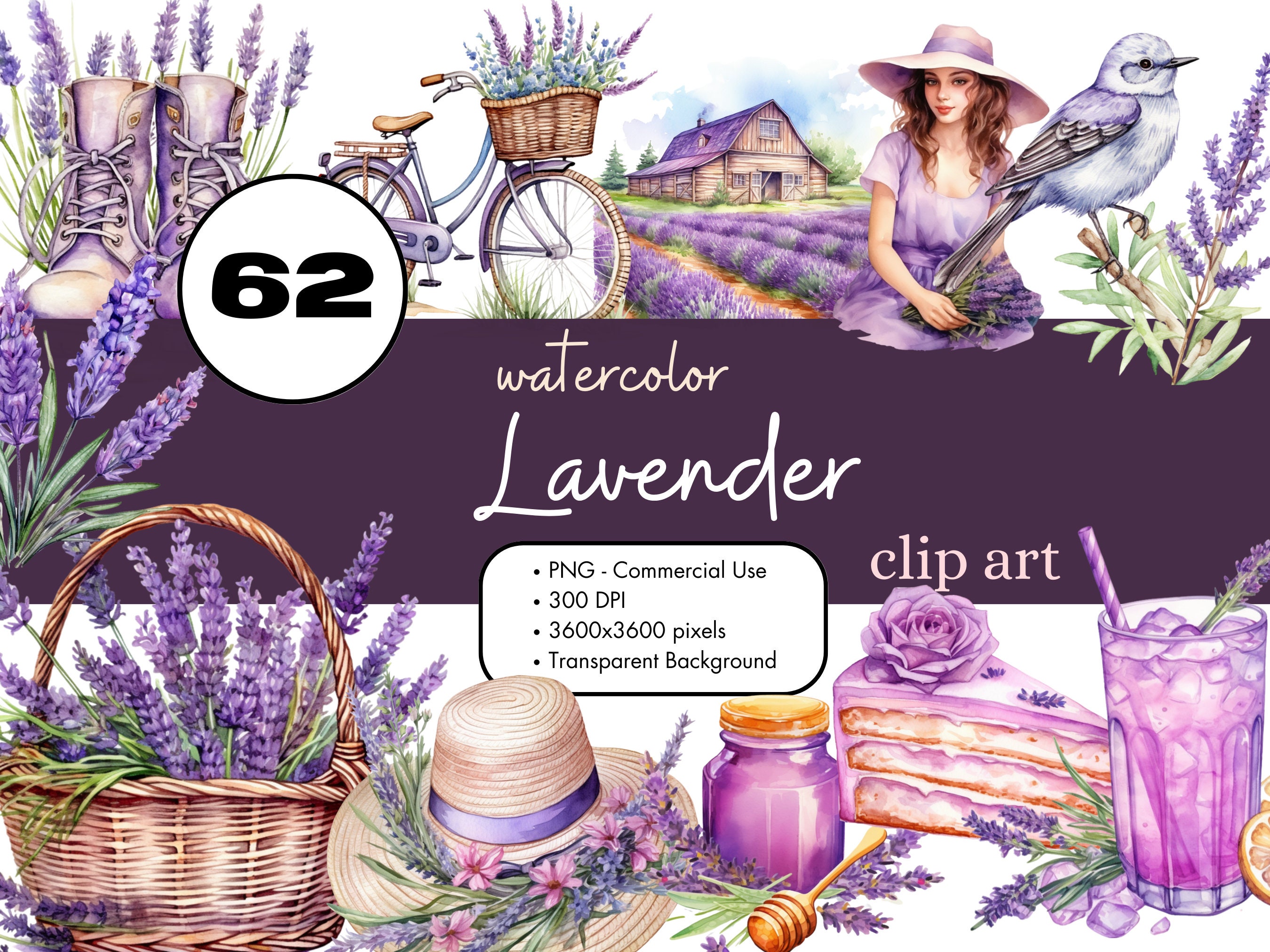 62 Lavender Watercolor Clipart PNG Sublimation Bundle Commercial Use ...