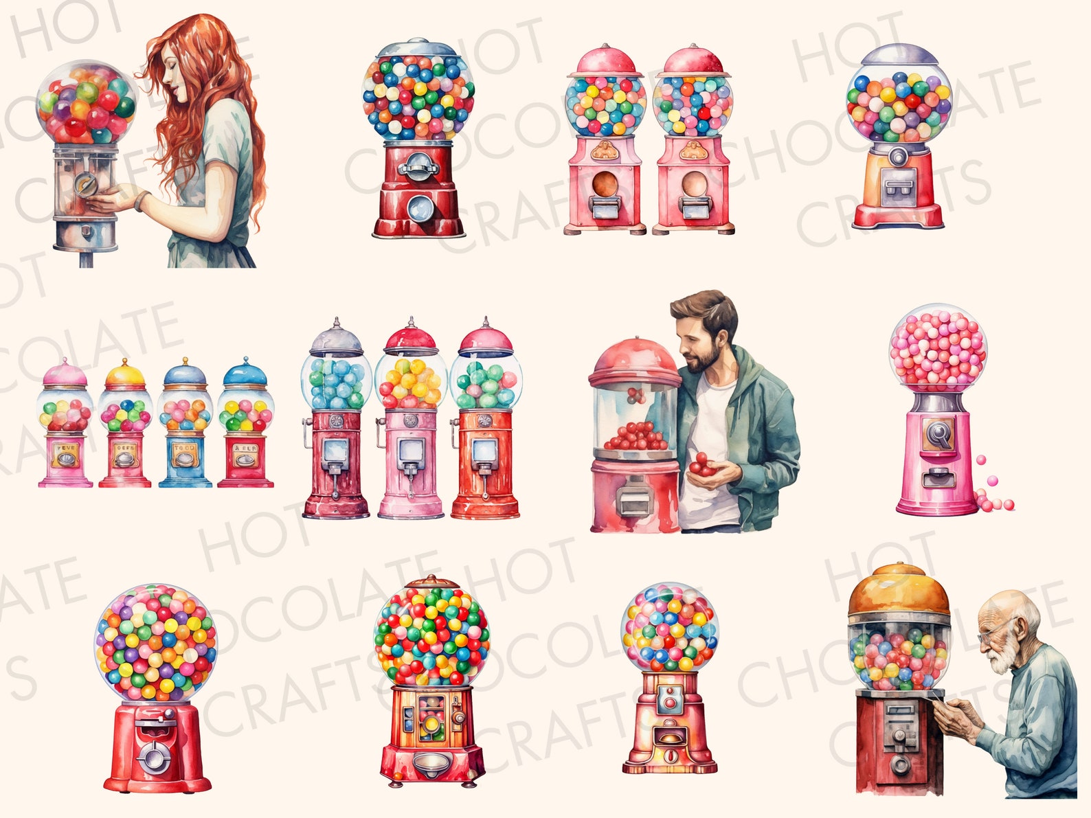 18 Gumball Machine Watercolor Clipart PNG Sublimation Bundle Commercial ...