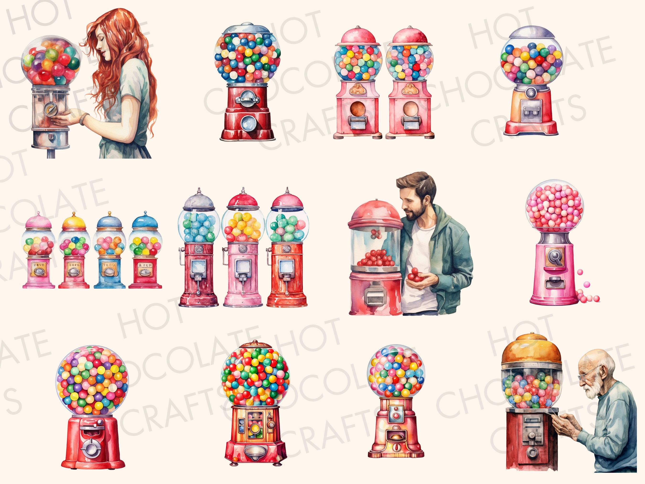 18 Gumball Machine Watercolor Clipart PNG Sublimation Bundle Commercial ...