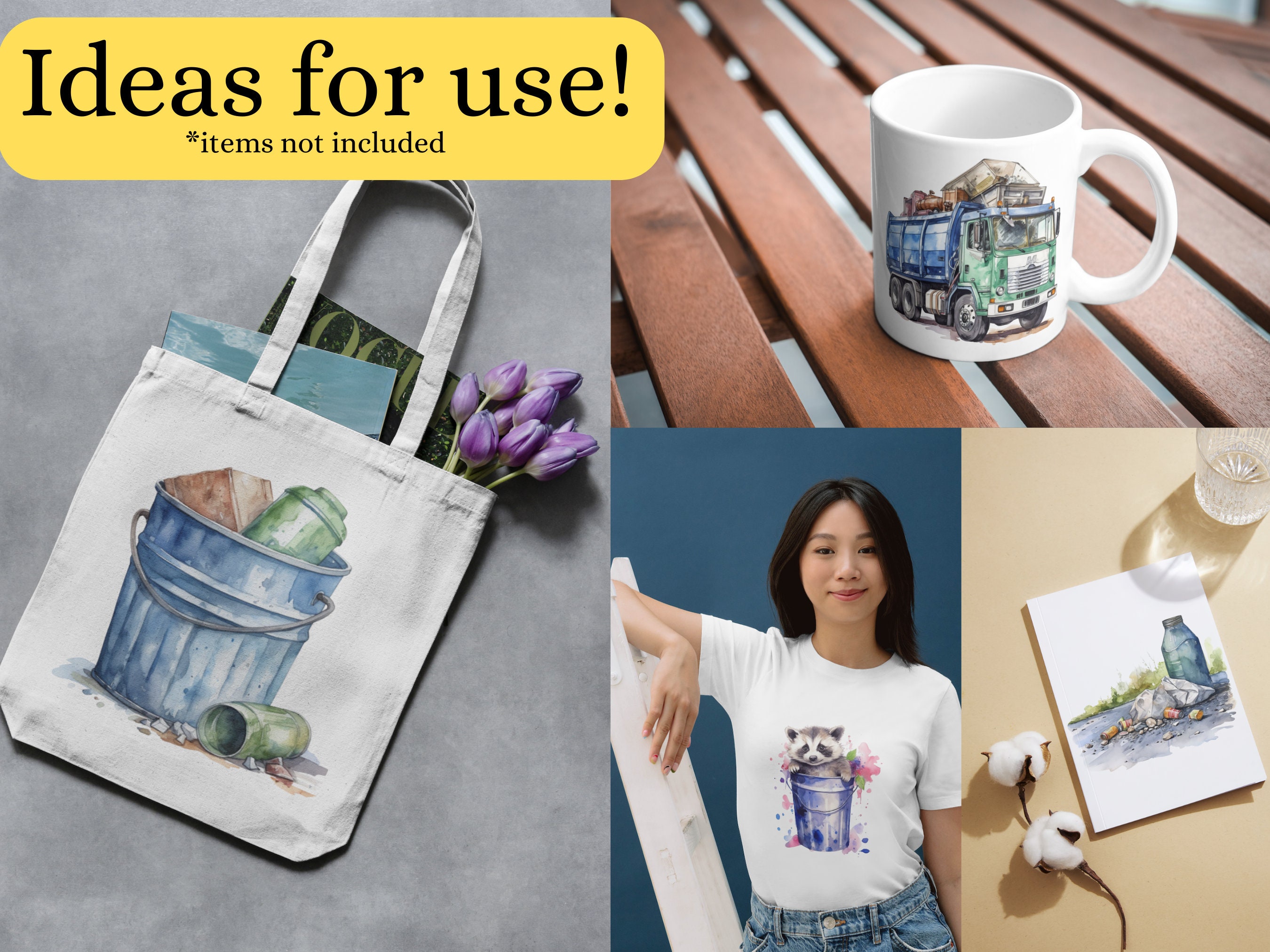 36 Garbage Trash Watercolor Clipart PNG Sublimation Bundle Commercial ...