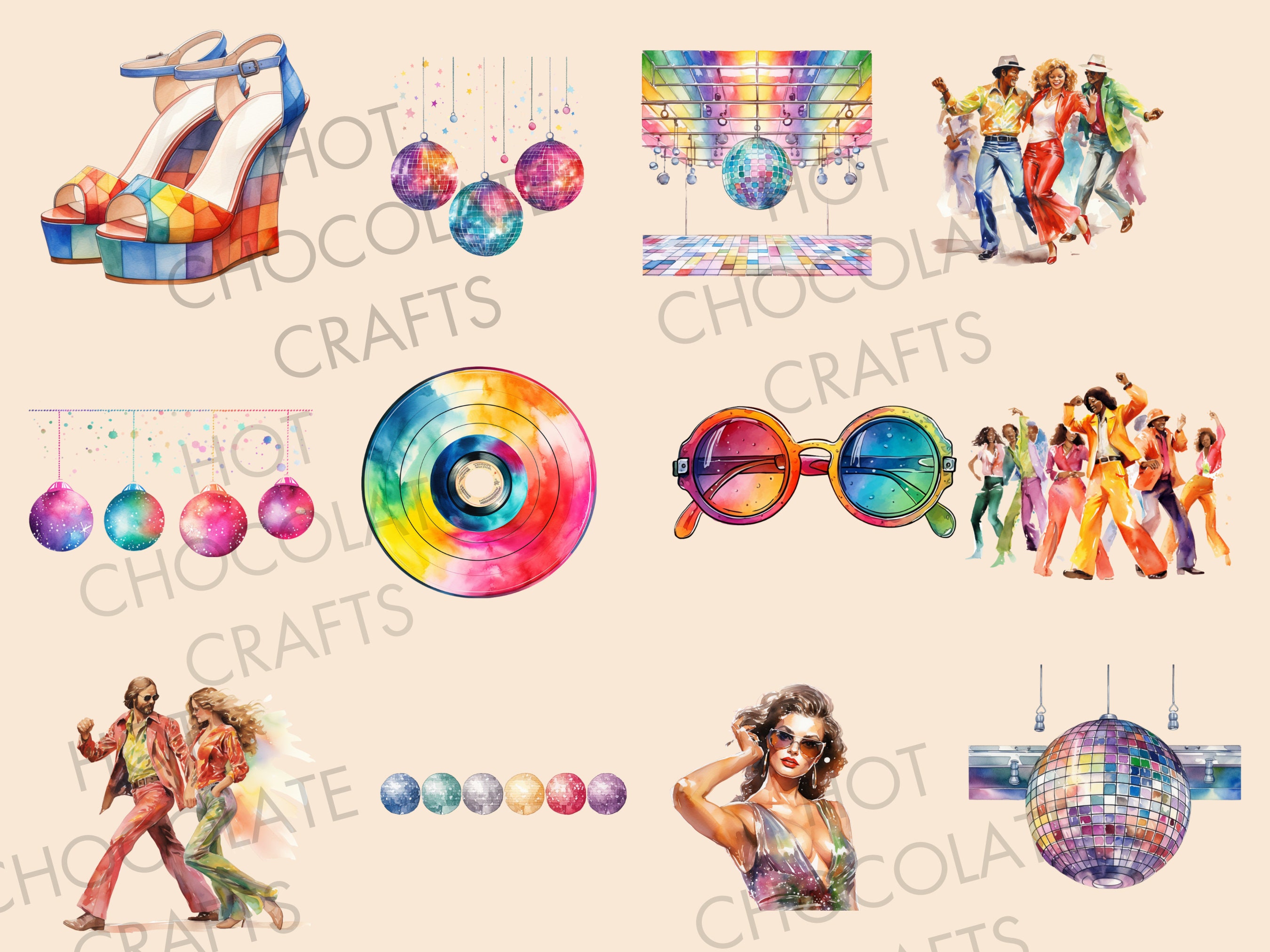 30 Disco Groovy Watercolor Clipart Sublimation Bundle PNG Commercial ...