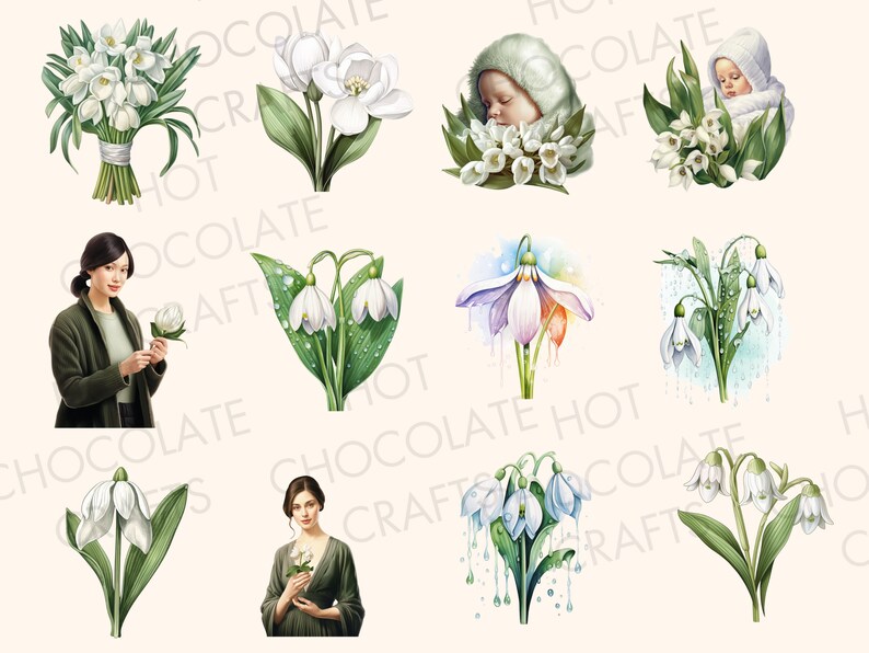22 Snowdrop Flowers Watercolor Clipart Sublimation Bundle PNG ...