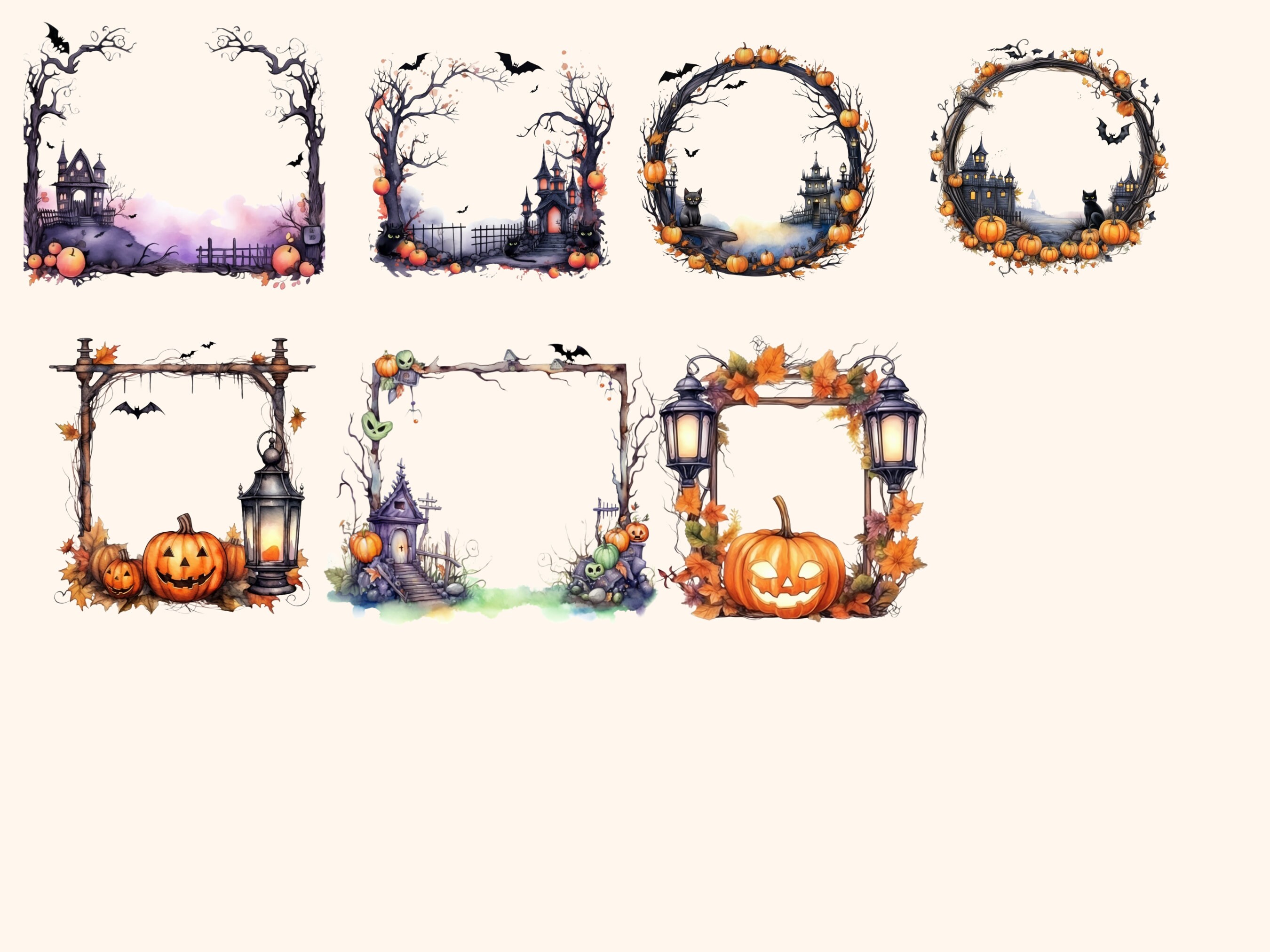 19 Halloween Borders Frames Watercolor Clipart Sublimation Bundle PNG ...