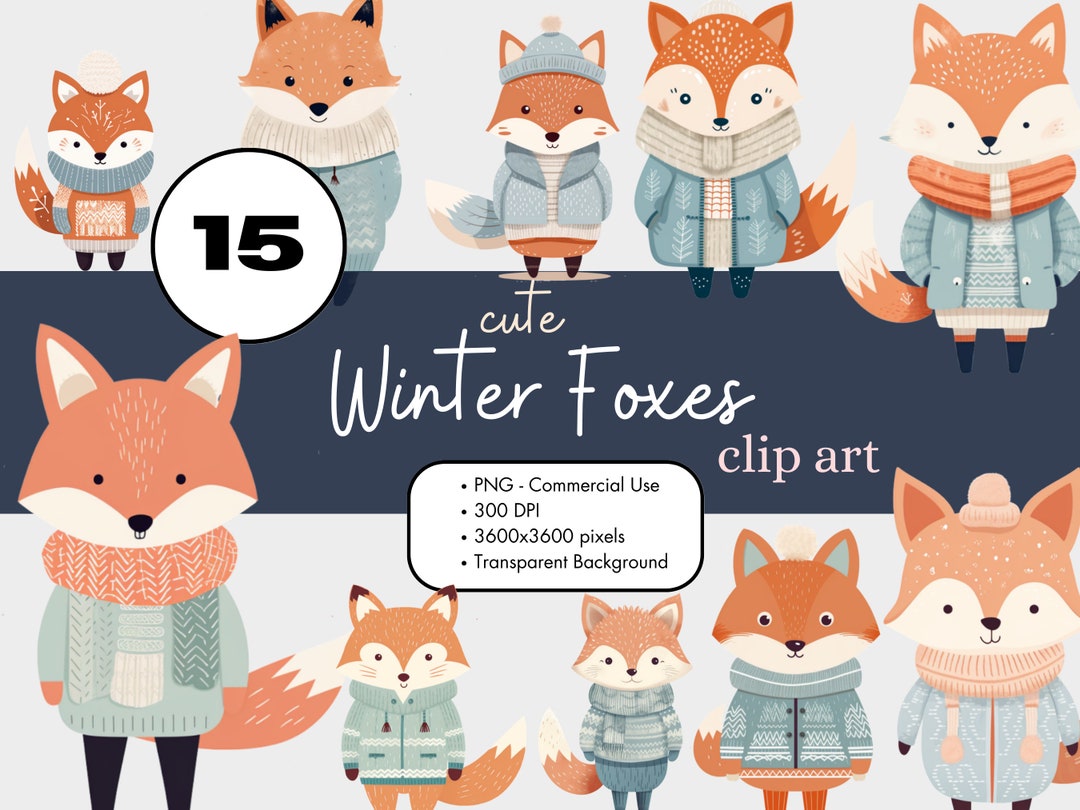 15 Winter Fox in Clothing Watercolor Clipart Sublimation Bundle PNG ...