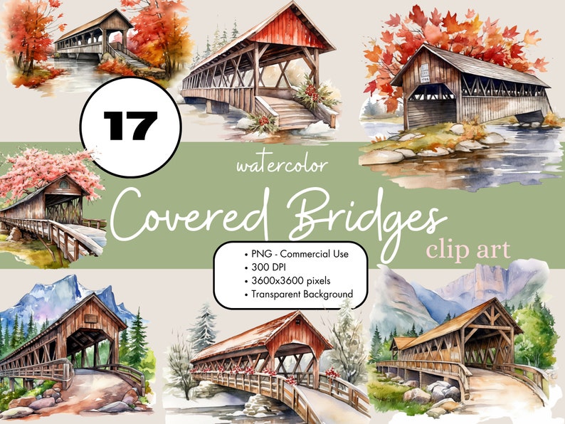 17 Covered Bridges Fall Winter Spring Seasons Watercolor Clipart ...