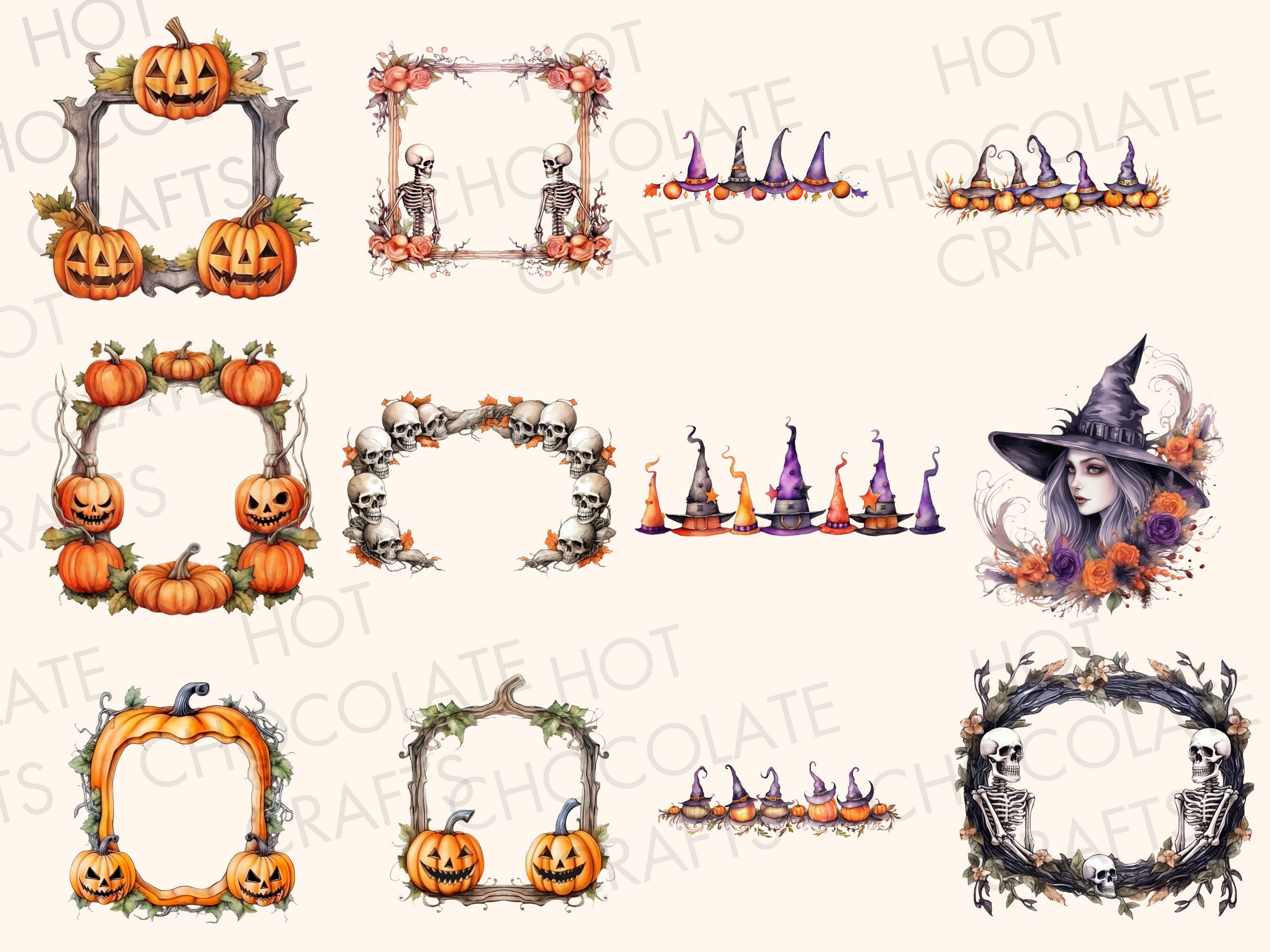 19 Halloween Borders Frames Watercolor Clipart Sublimation Bundle PNG ...