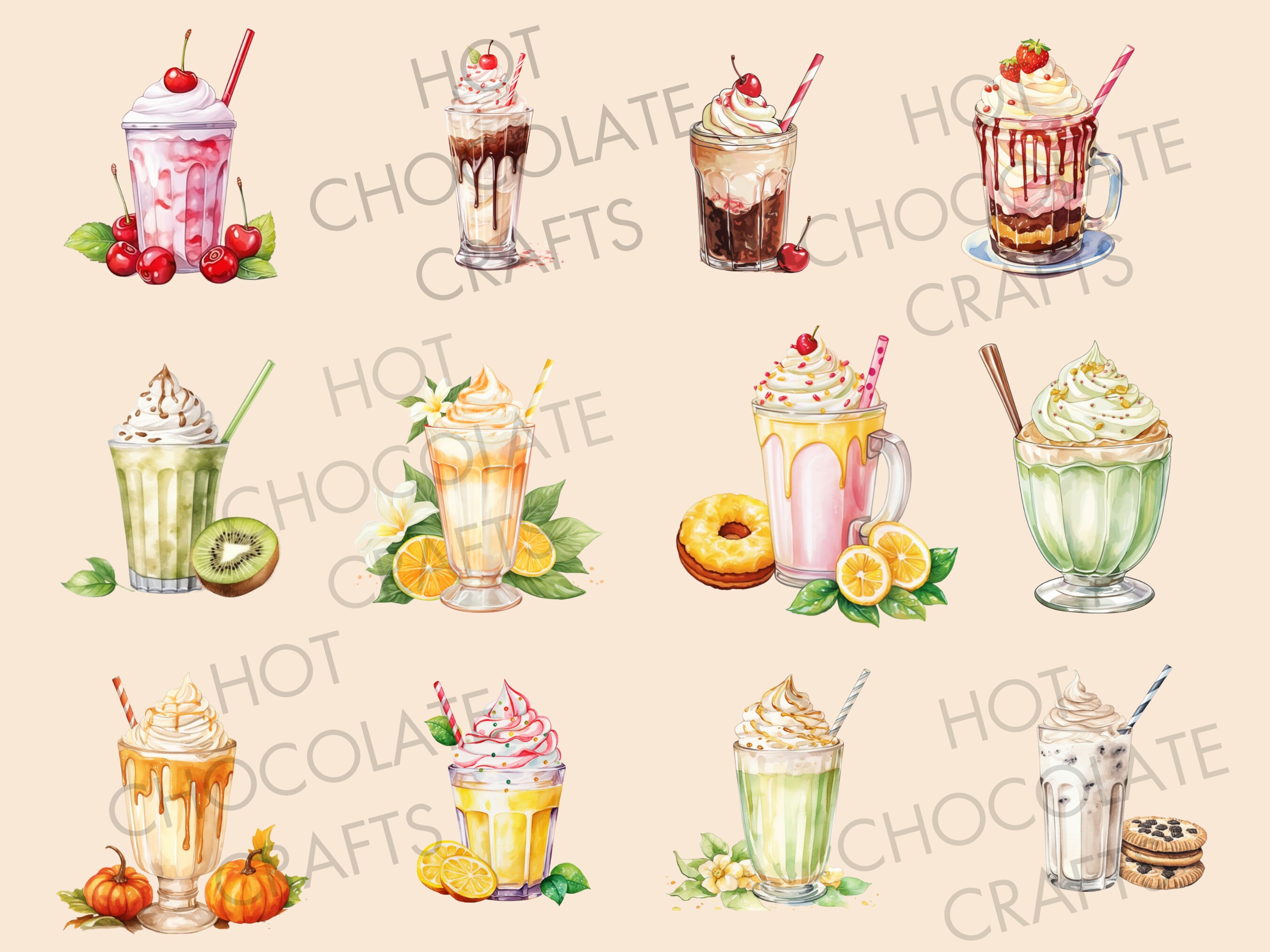 26 Milkshakes Watercolor Clipart PNG Sublimation Bundle Commercial Use ...