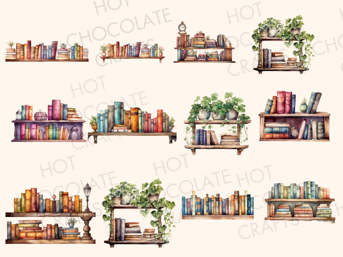 38 Book Borders Bookshelf Watercolor Clipart Sublimation Bundle PNG ...