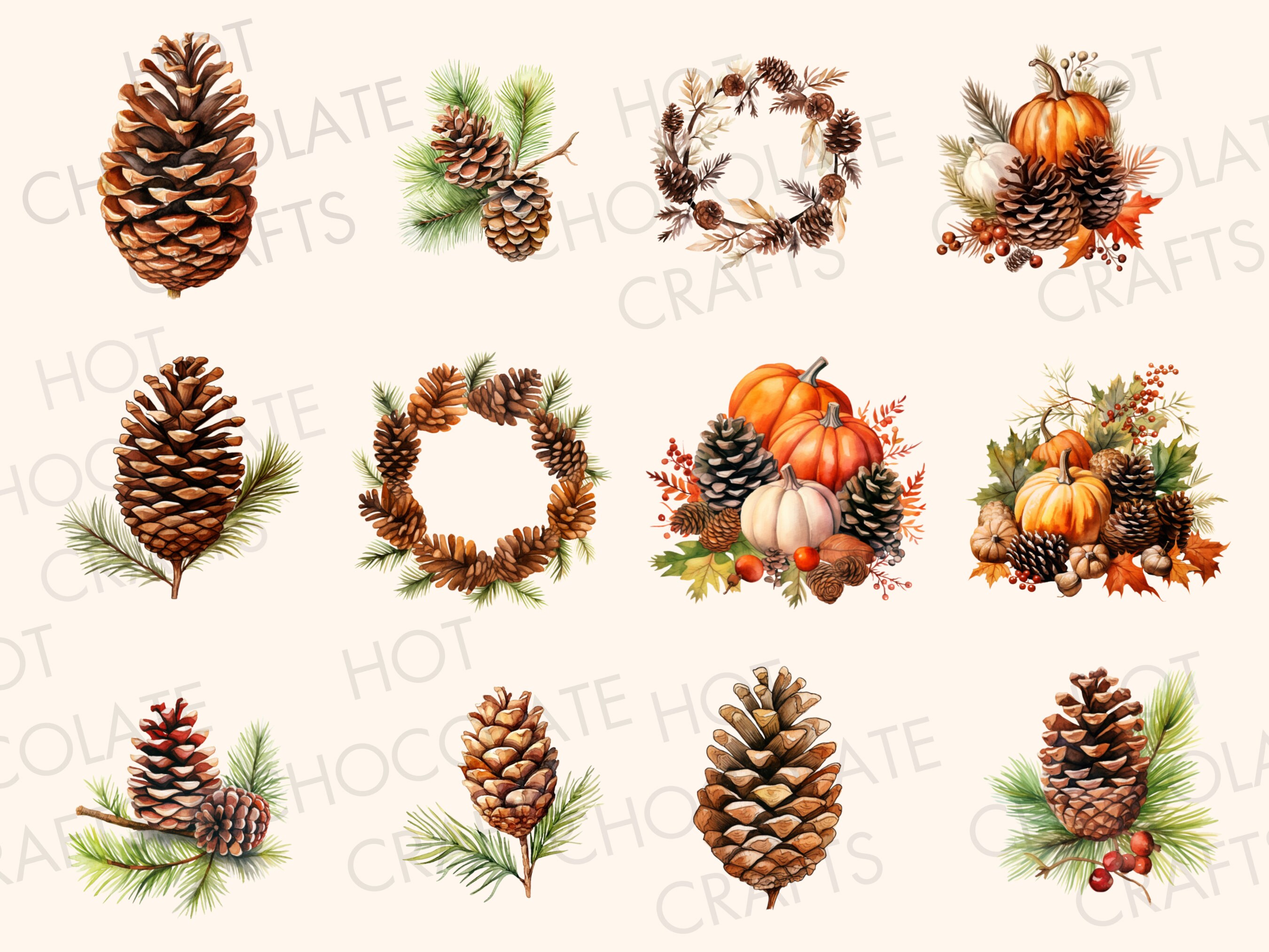 27 Pine Cones Watercolor Clipart PNG Sublimation Bundle Commercial Use ...