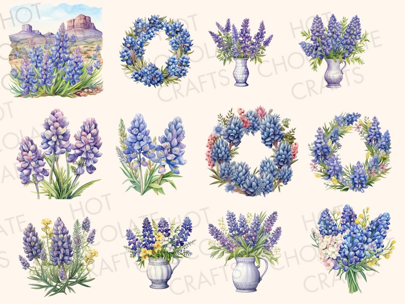 25 Bluebonnet Wildflowers Watercolor Clipart Sublimation Bundle PNG ...