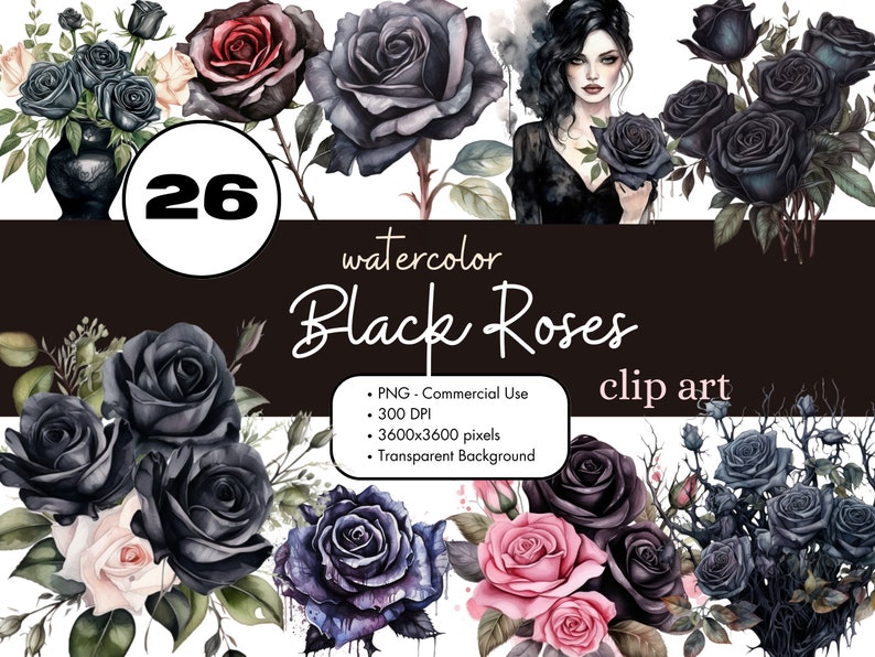 26 Black Roses Watercolor Clipart Sublimation Bundle PNG Commercial Use ...