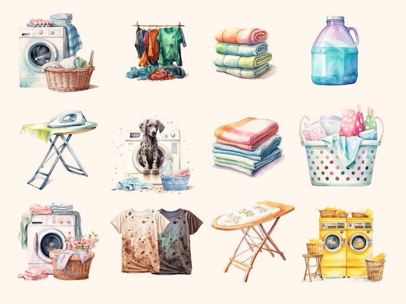 40 Laundry Day Watercolor Clipart Sublimation Bundle PNG Commercial Use ...