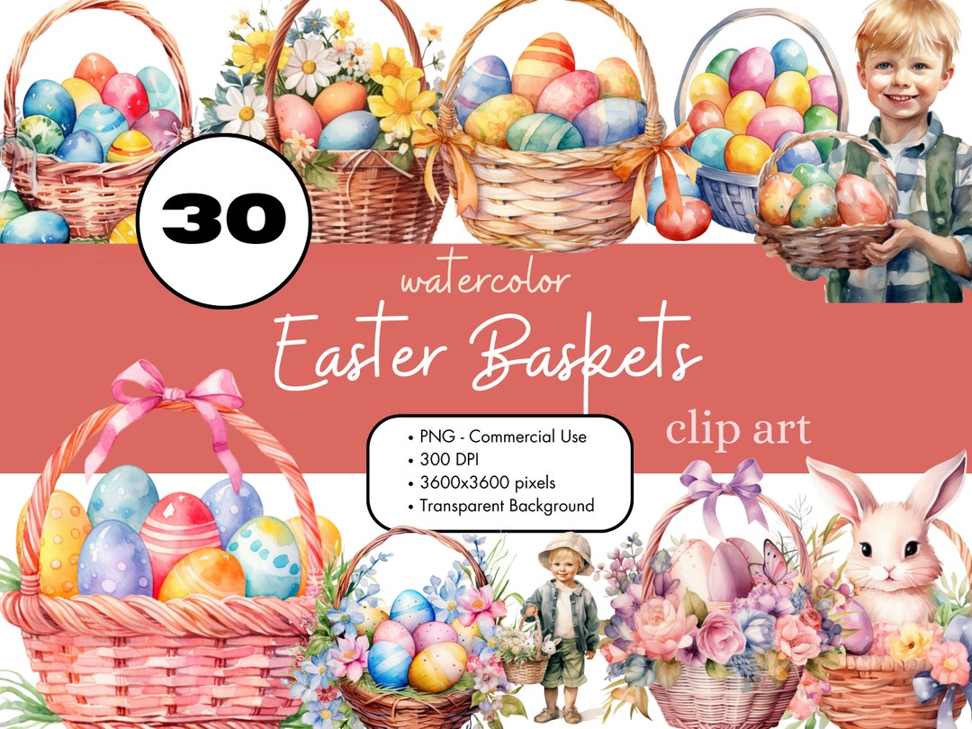 30 Easter Baskets Watercolor Clipart Sublimation Bundle PNG Commercial ...