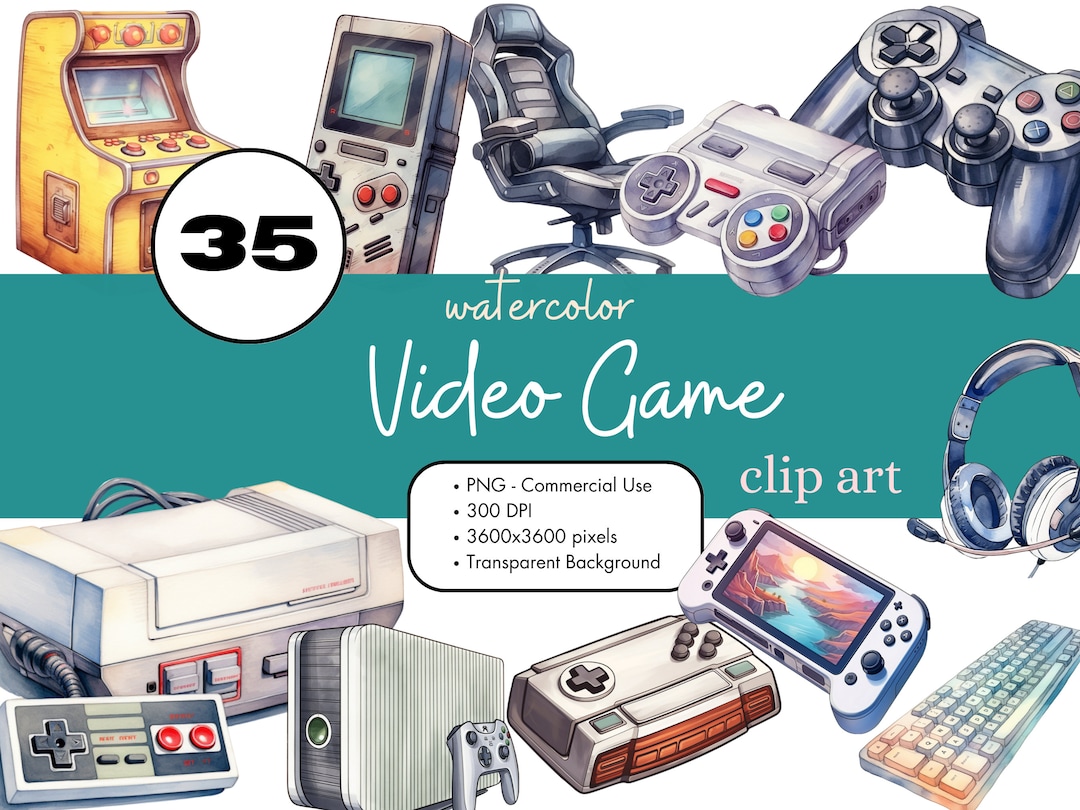 35 Video Game Watercolor Clipart Sublimation Bundle PNG Commercial Use ...