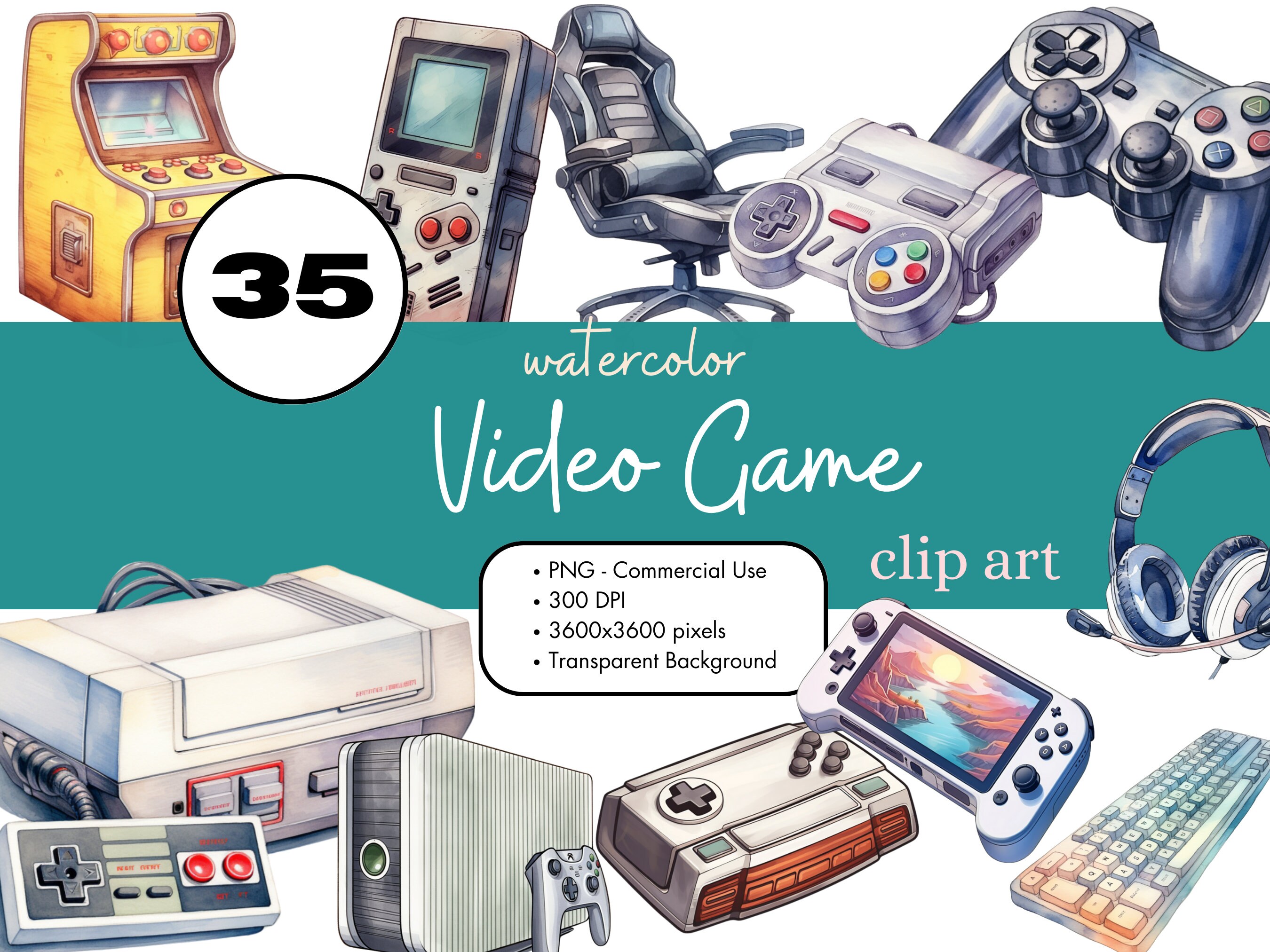 35 Video Game Watercolor Clipart Sublimation Bundle PNG Commercial Use ...