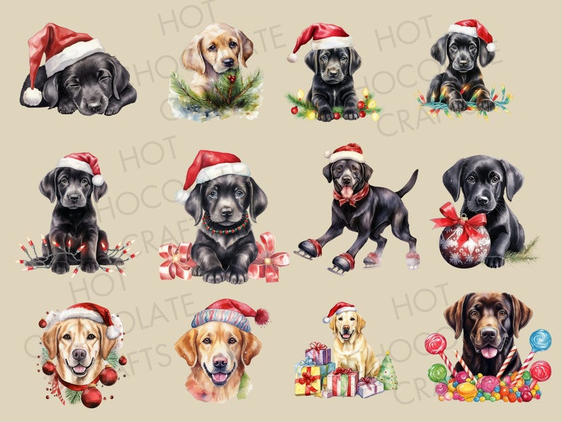 24 Labrador Retriever Christmas Dogs Watercolor Clipart PNG Sublimation ...