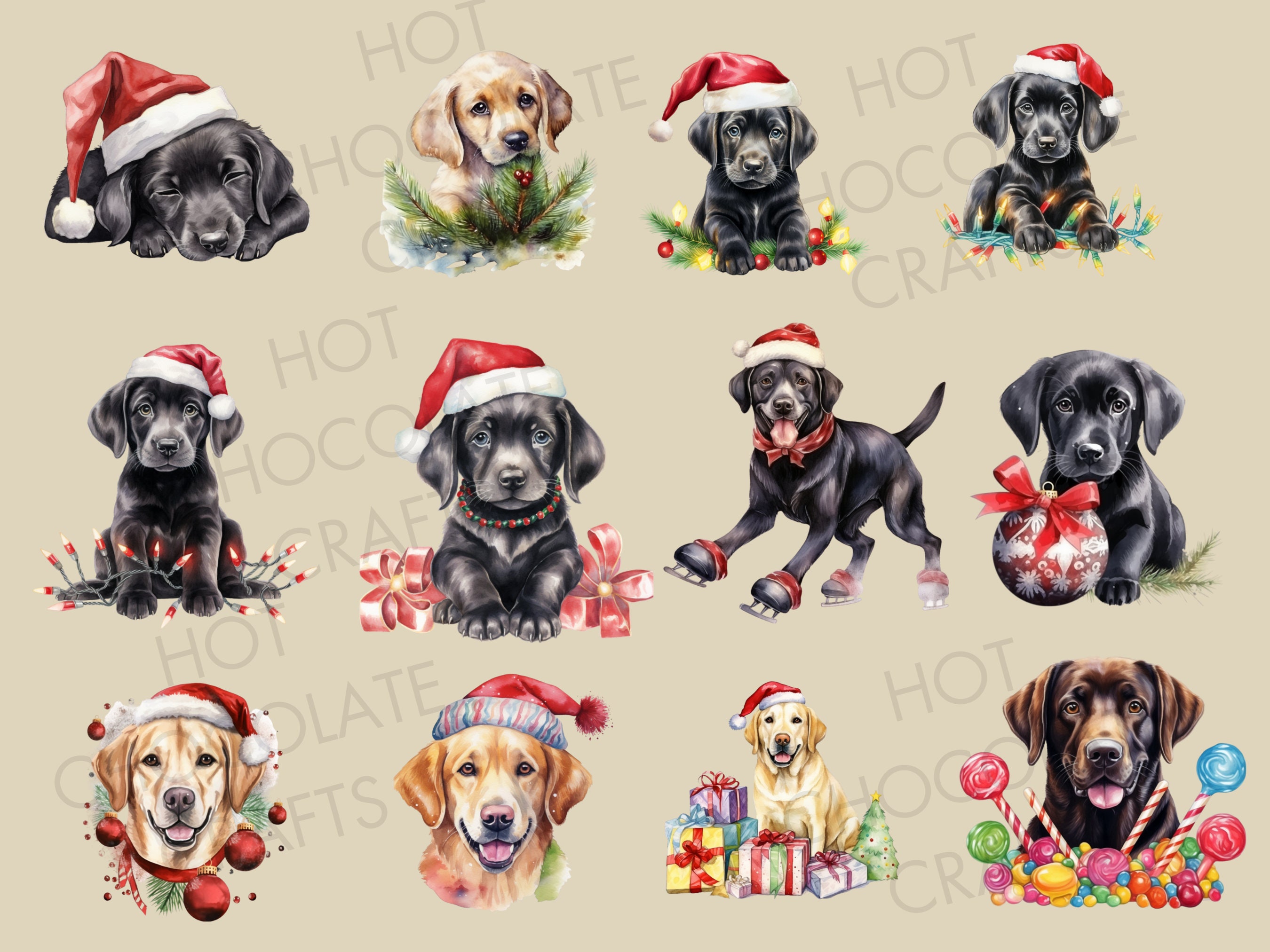 24 Labrador Retriever Christmas Dogs Watercolor Clipart PNG Sublimation ...