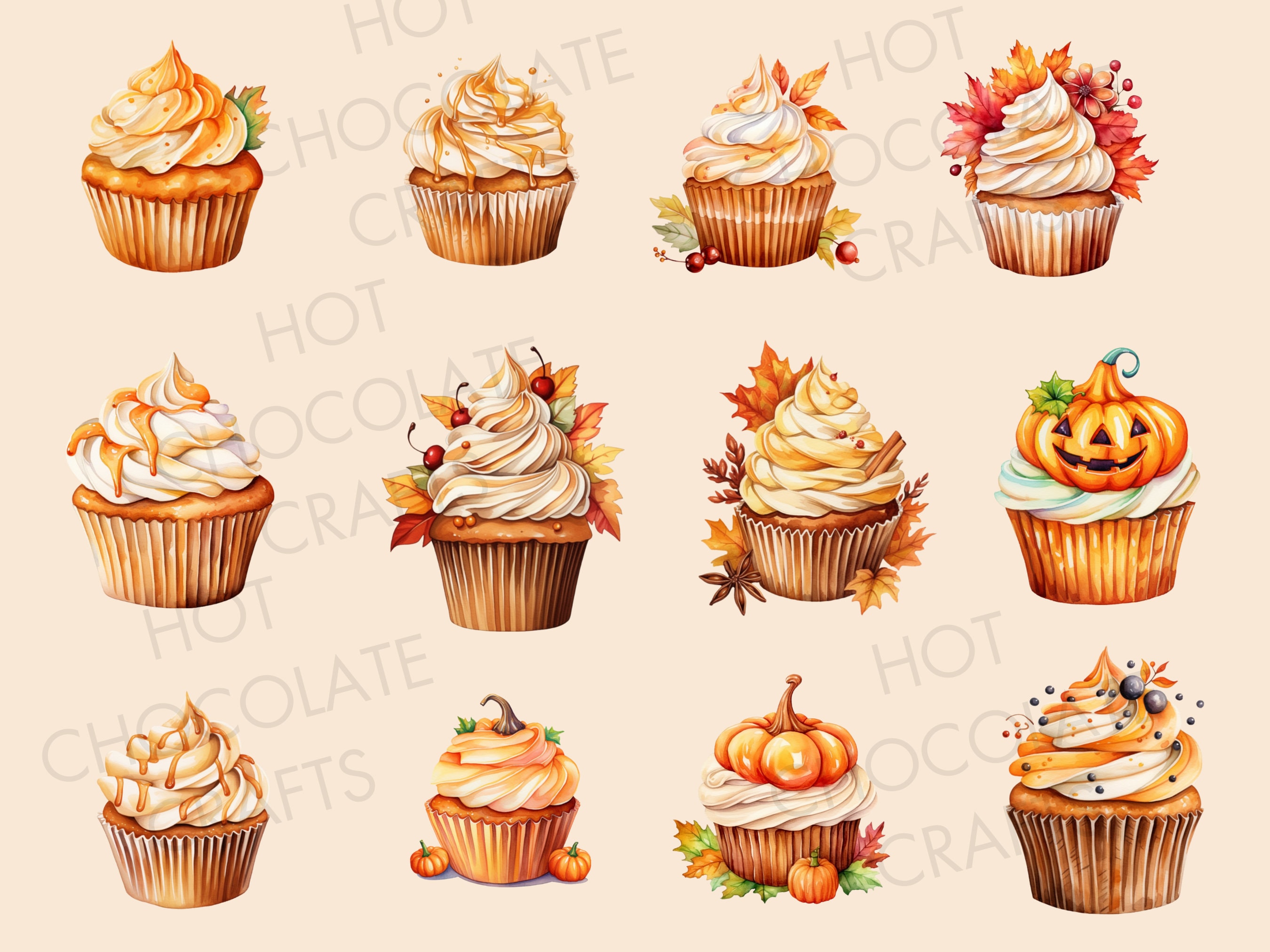21 Fall Cupcakes Autumn Watercolor Clipart PNG Sublimation Bundle ...