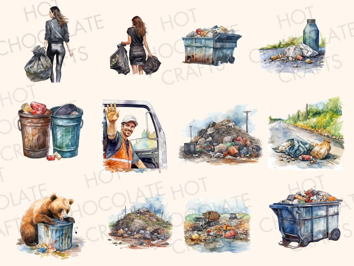 36 Garbage Trash Watercolor Clipart PNG Sublimation Bundle Commercial ...