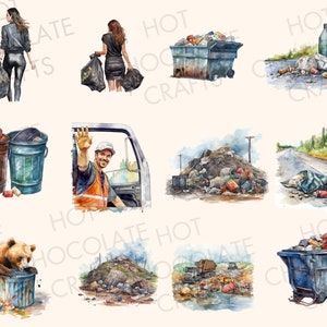 36 Garbage Trash Watercolor Clipart PNG Sublimation Bundle Commercial ...