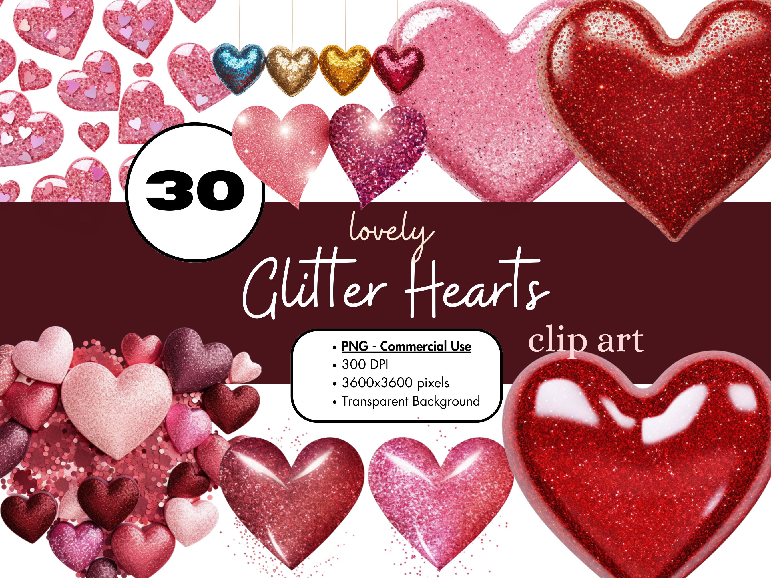 30 Glitter Hearts Valentine's Day Clipart PNG Sublimation Bundle ...