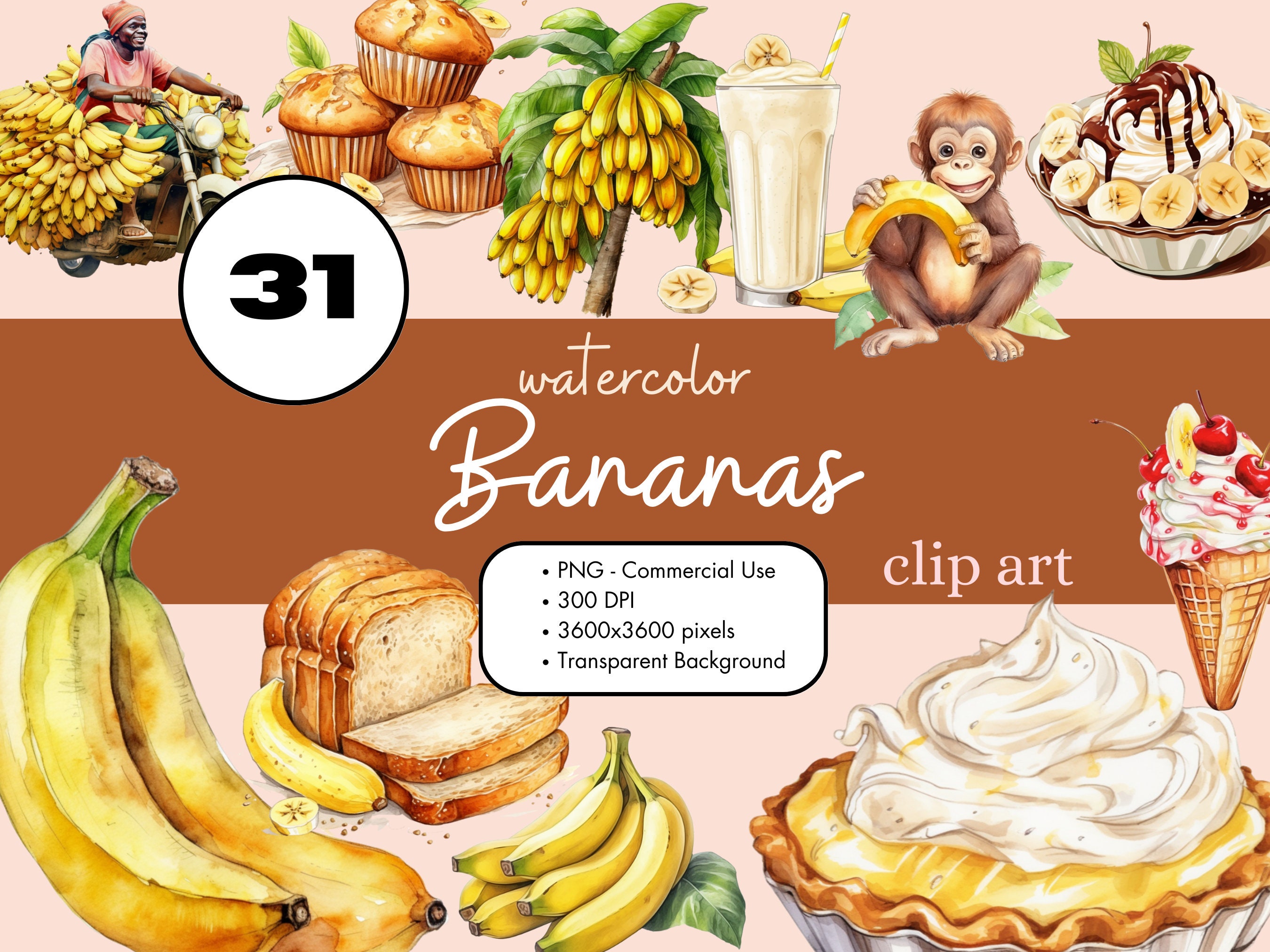 31 Bananas Watercolor Clipart PNG Sublimation Bundle Commercial Use ...