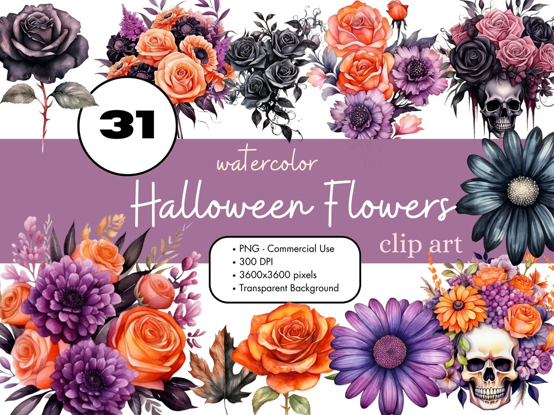 31 Halloween Flowers Watercolor Clipart Sublimation Bundle PNG ...